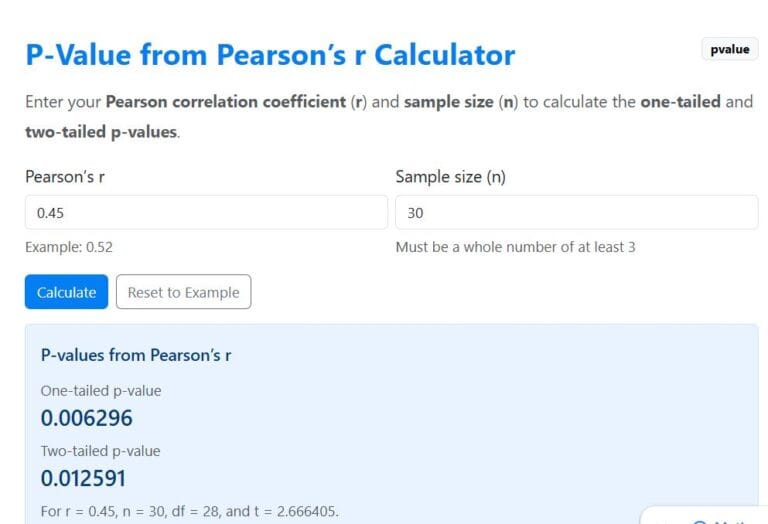 P-Value from r Calculator